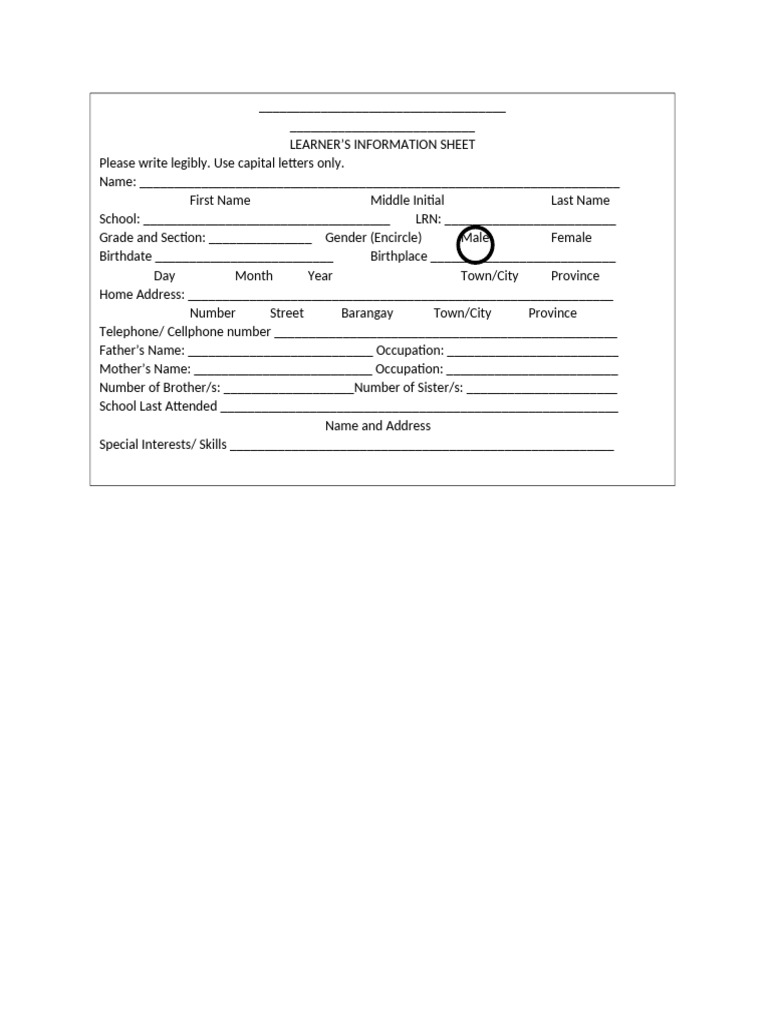 Learner's Information Sheet Template | PDF