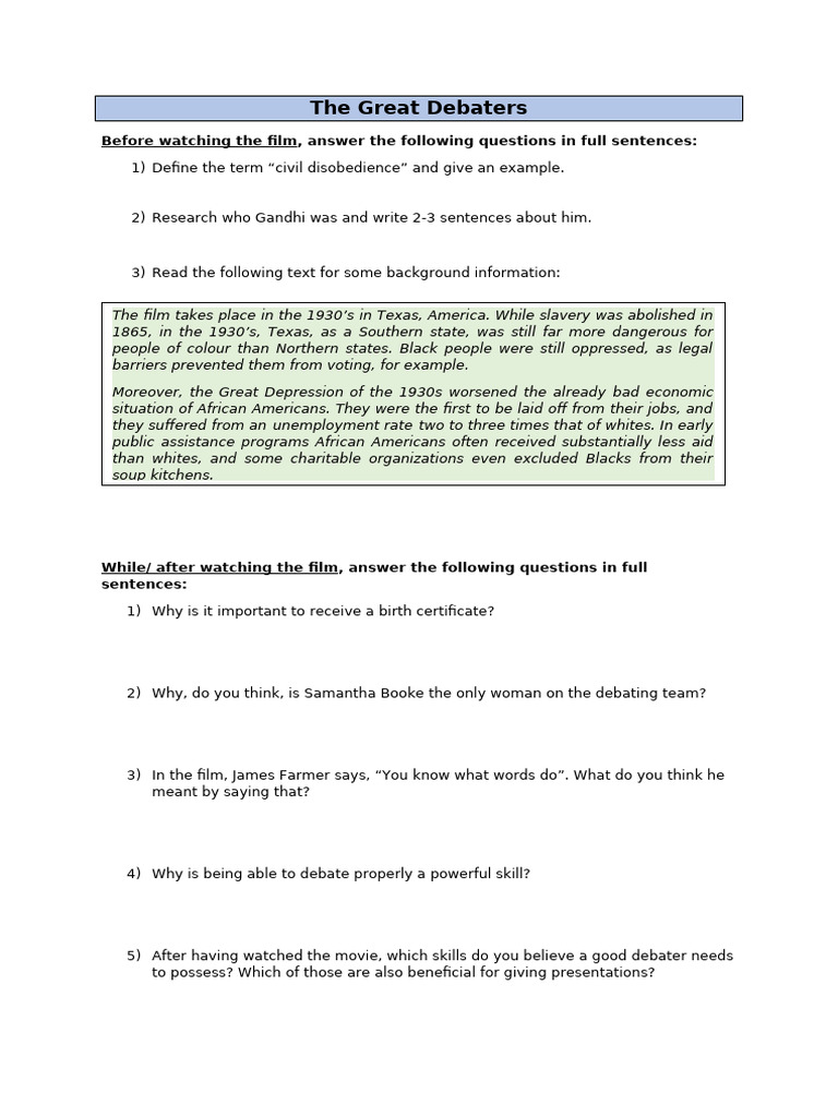 The Great Debaters Worksheet 2 | PDF
