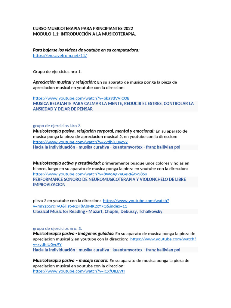 Links Ejercicios Modulo 1 CURSO MUSICOTERAPIA | PDF | Psicoterapia | Intervenciones mente-cuerpo