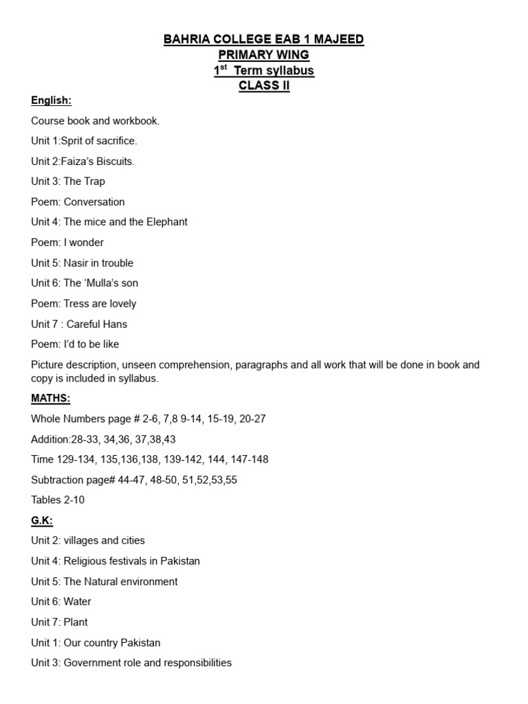 1st Term Syllabus Class II-1 | PDF