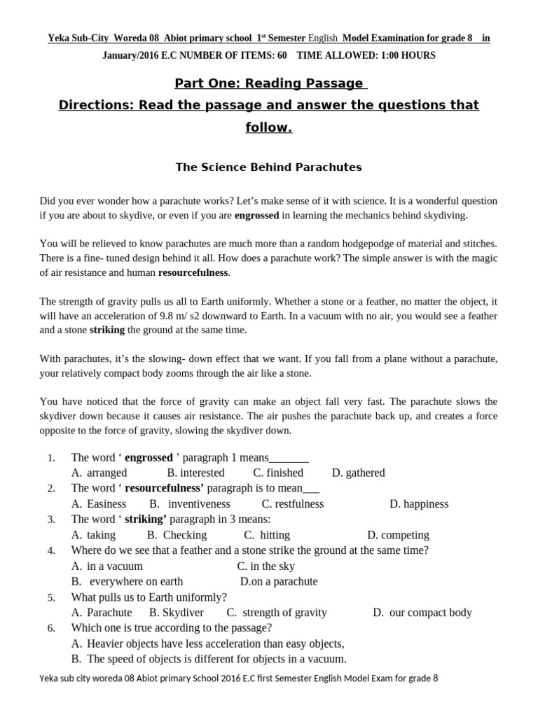 Grade 8 English Model Exam 2016 E.C | PDF | Parachuting | Parachute