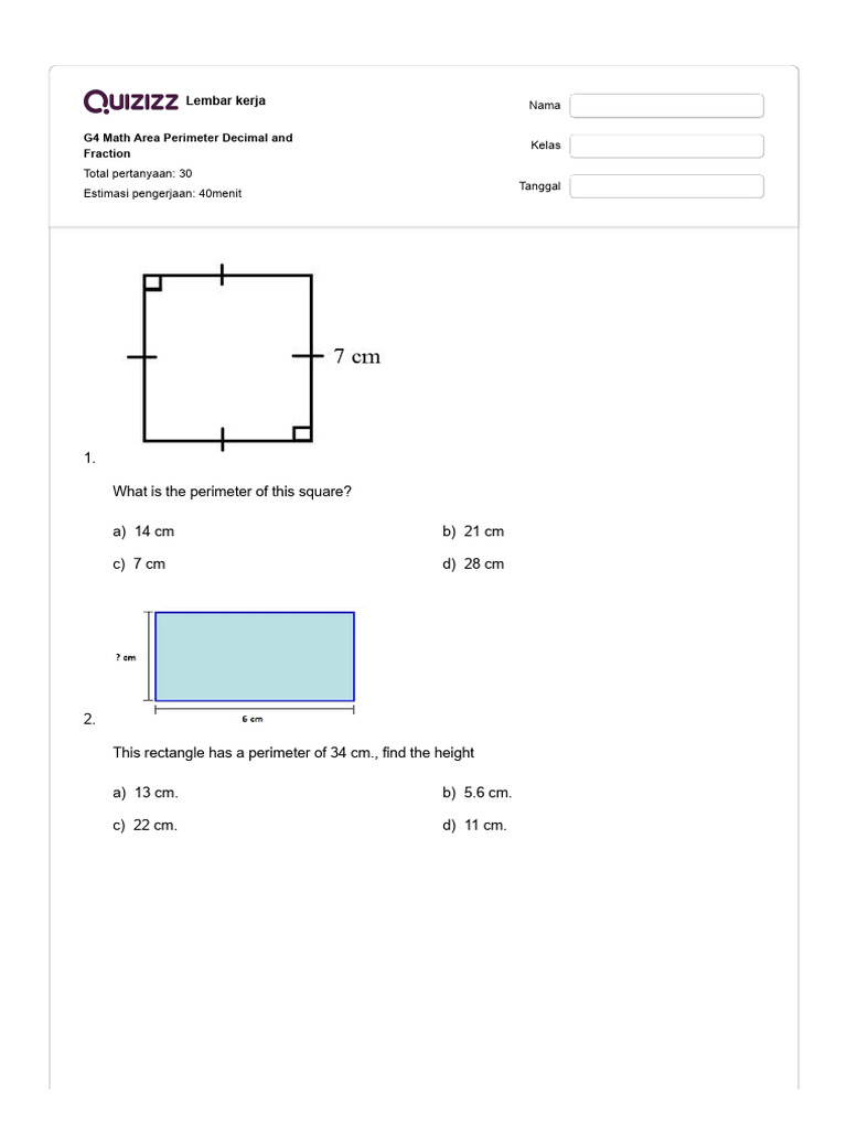 G4 Math Area Perimeter Decimal and Fraction | PDF | Elementary ...