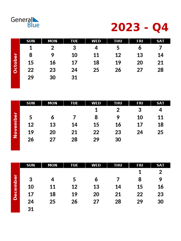 2023 q4 Quarterly Calendar Black Red Sunday Start en | PDF