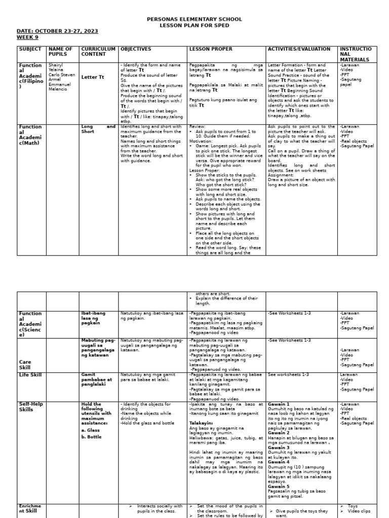 SPED Lesson Plan for Elementary Students | PDF | Learning | Behavior ...