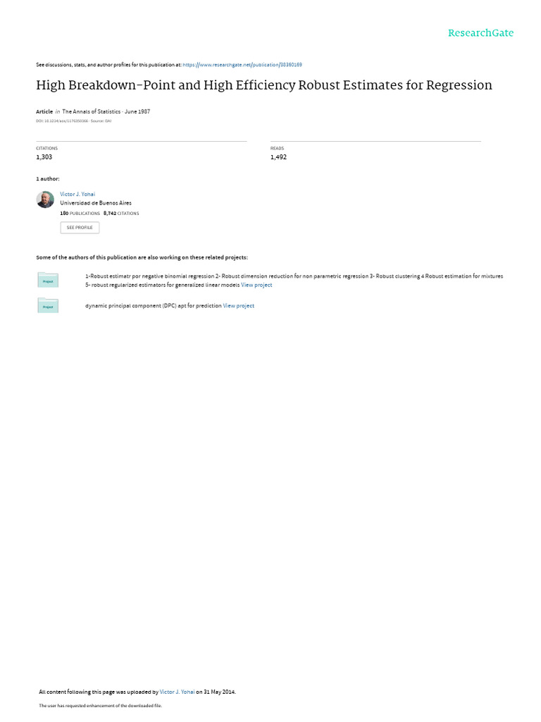 High - Breakdown-Point - and - High - Efficiency - Robust - Es (Yohai, 1987) | PDF