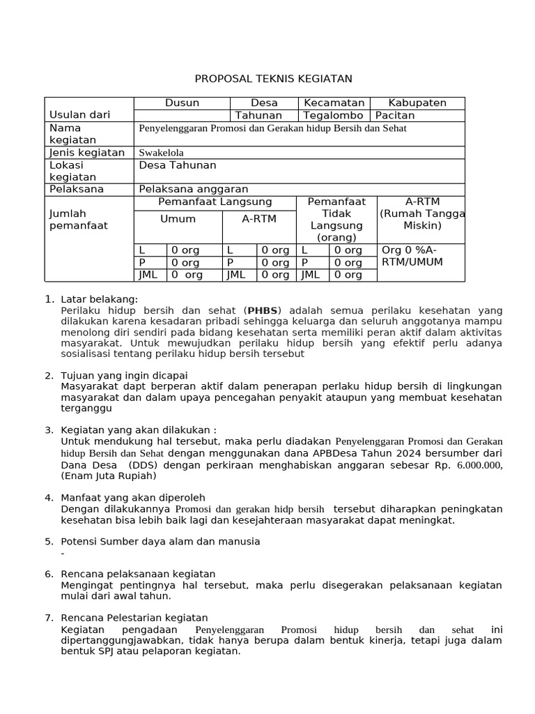 Proposal Teknis Kegiatan Promosi Hidup Bersih | PDF