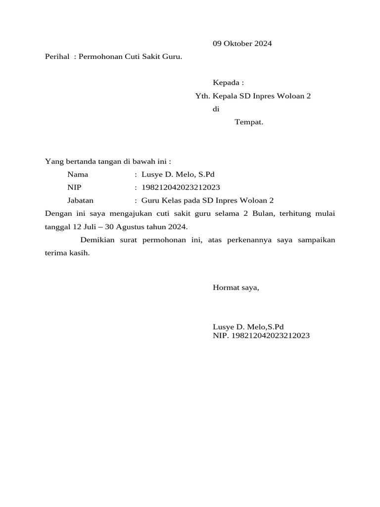 Contoh Format Cuti Tahunan Guru | PDF