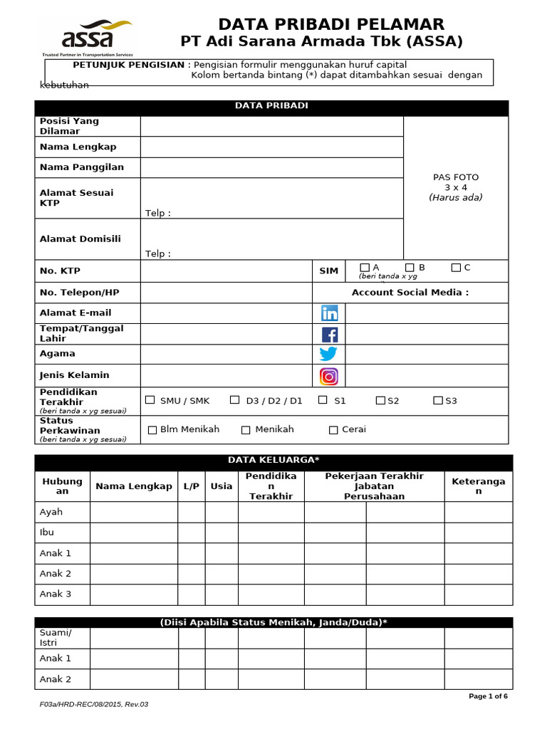 Form Data Pribadi Pelamar | PDF