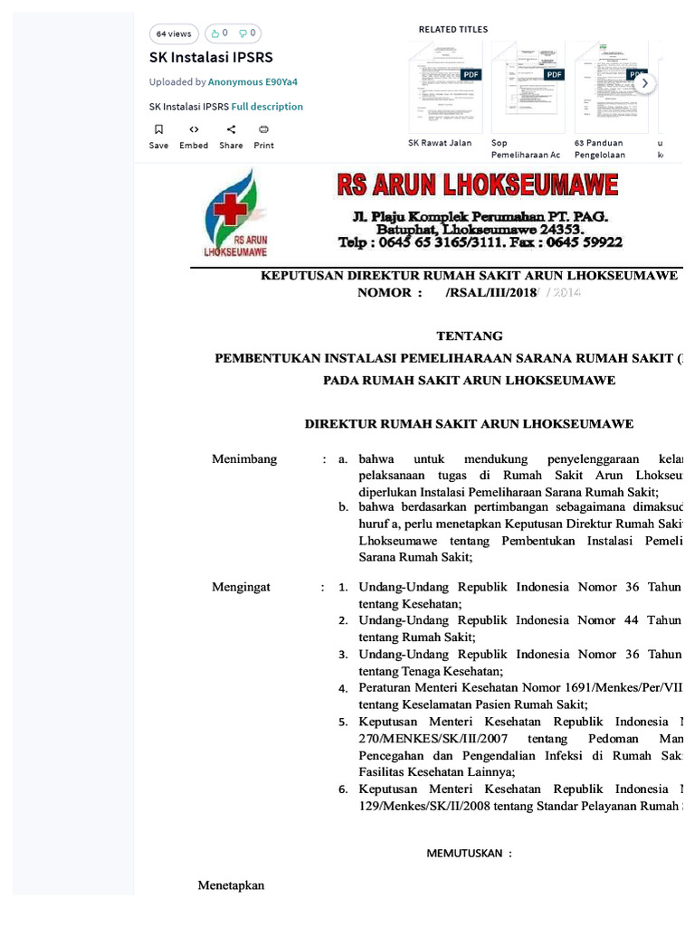 SK Instalasi IPSRS Rumah Sakit Arun | PDF