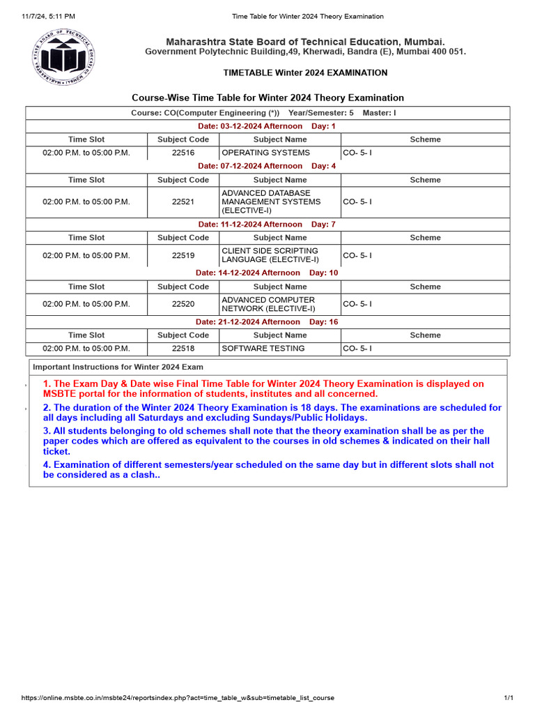 Time Table For Winter 2024 Theory Examination 5I | PDF