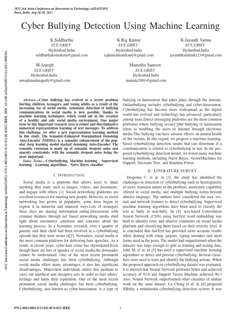 Cyber Bullying Detection Using Machine Learning | PDF | Statistical Classification | Machine ...