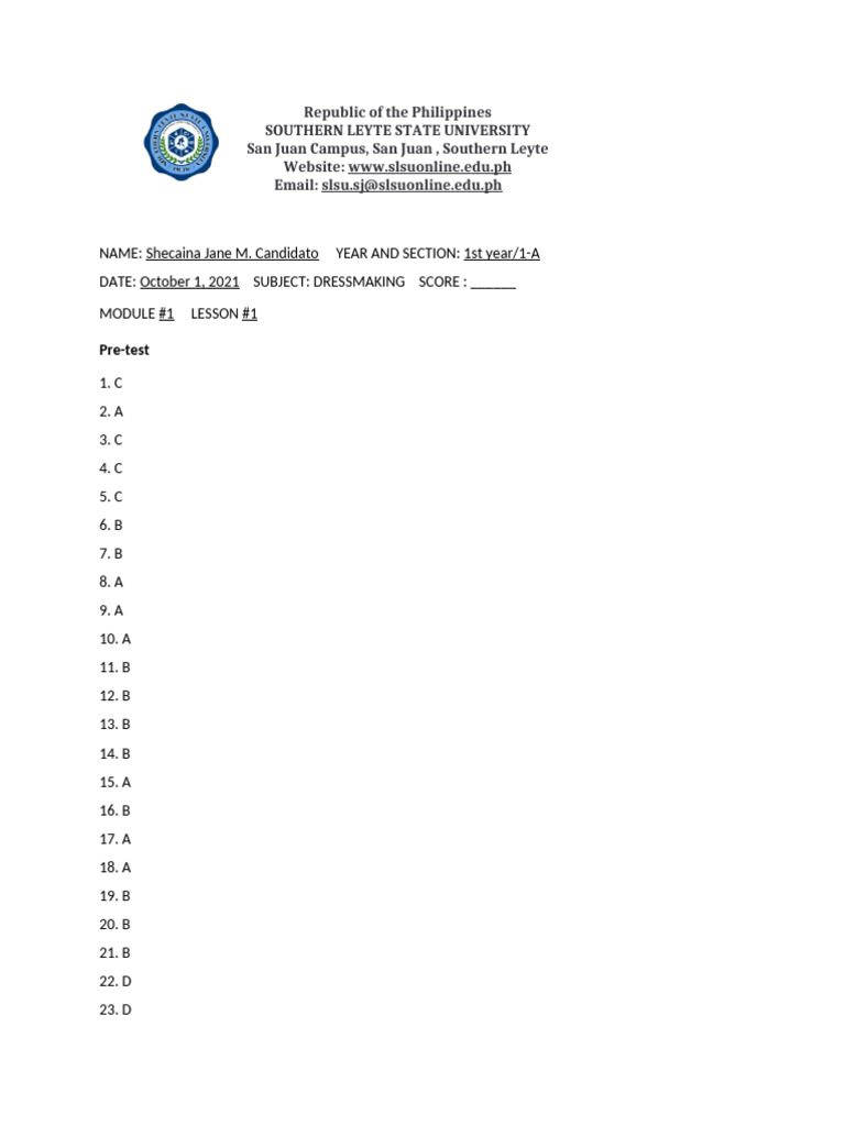 Answer in DM (M1-Lesson 1,2&3) - Shecaina Jane M. Candidato | PDF | Sewing Machine | Textile Arts