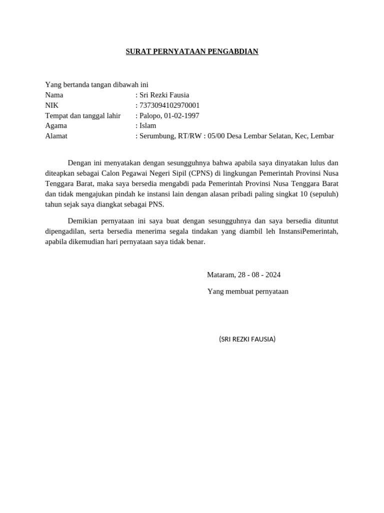 Surat Pernyataan Pengabdian | PDF