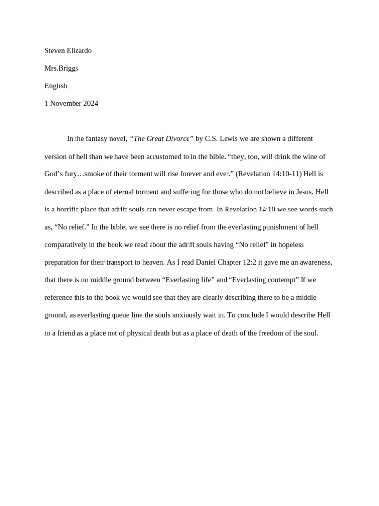 Steven Elizardo - The Great Divorce Discussion Question | PDF ...