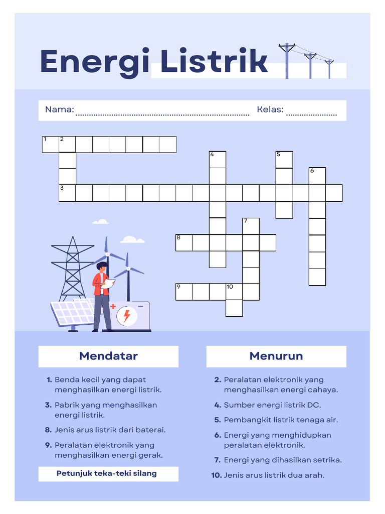Energi Listrik Lembar Kerja Pendidikan IPAS Teka-Teki Silang Ungu Putih ...