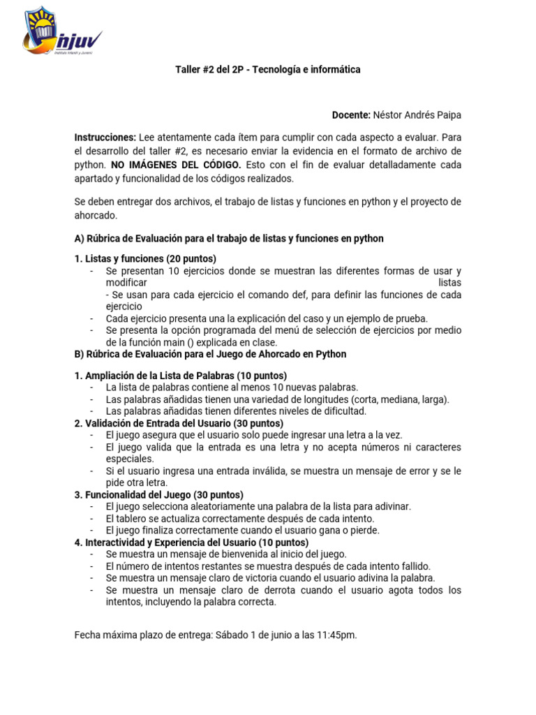 Taller 2 Listas Funciones y Proyecto Ahorcado Python | PDF | Python ...
