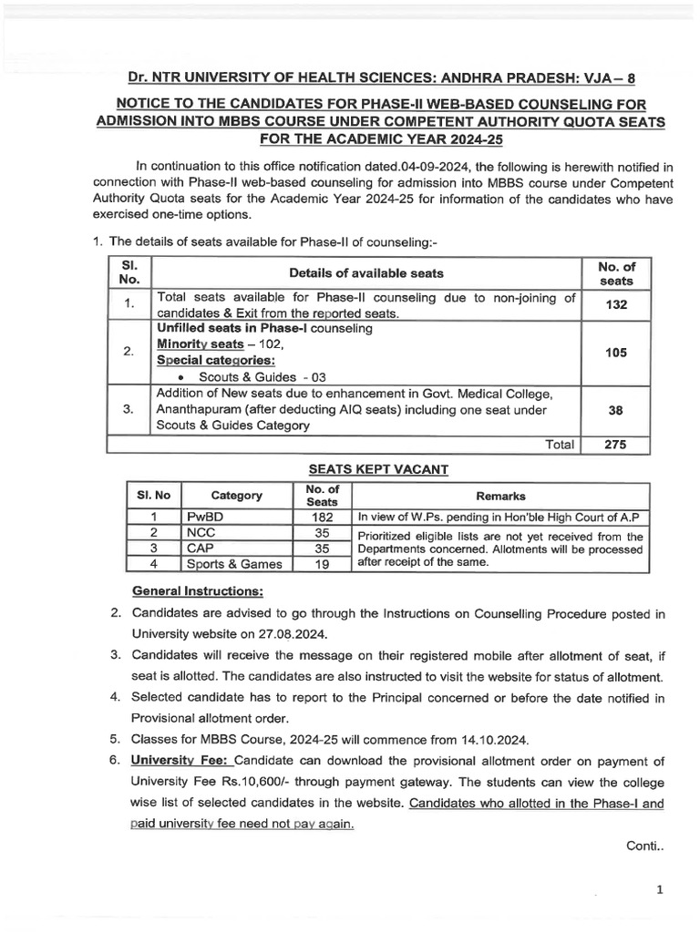 MBBS CQ Admissions - 2024-25 Notice To The Candidates For Phase-II Web ...