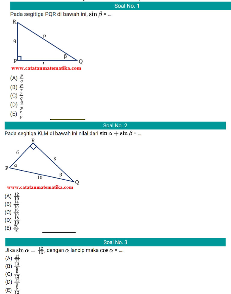 Soal Perbandingan Trigonometri Pada Segitiga Siku-Siku | PDF