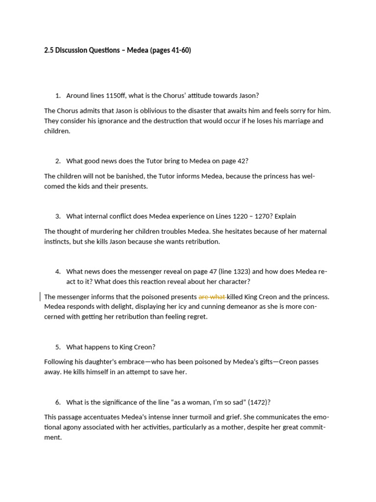 Medea Discussion Questions Analysis | PDF | Jason
