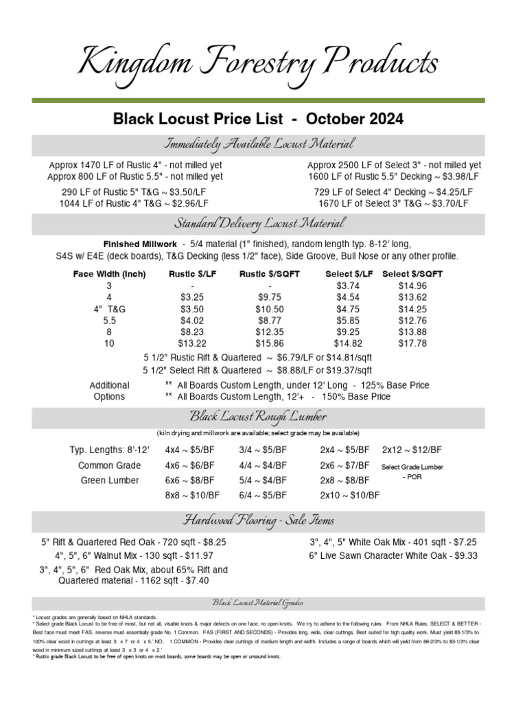 Black Locust Lumber Pricing Guide | PDF | Lumber | Wood