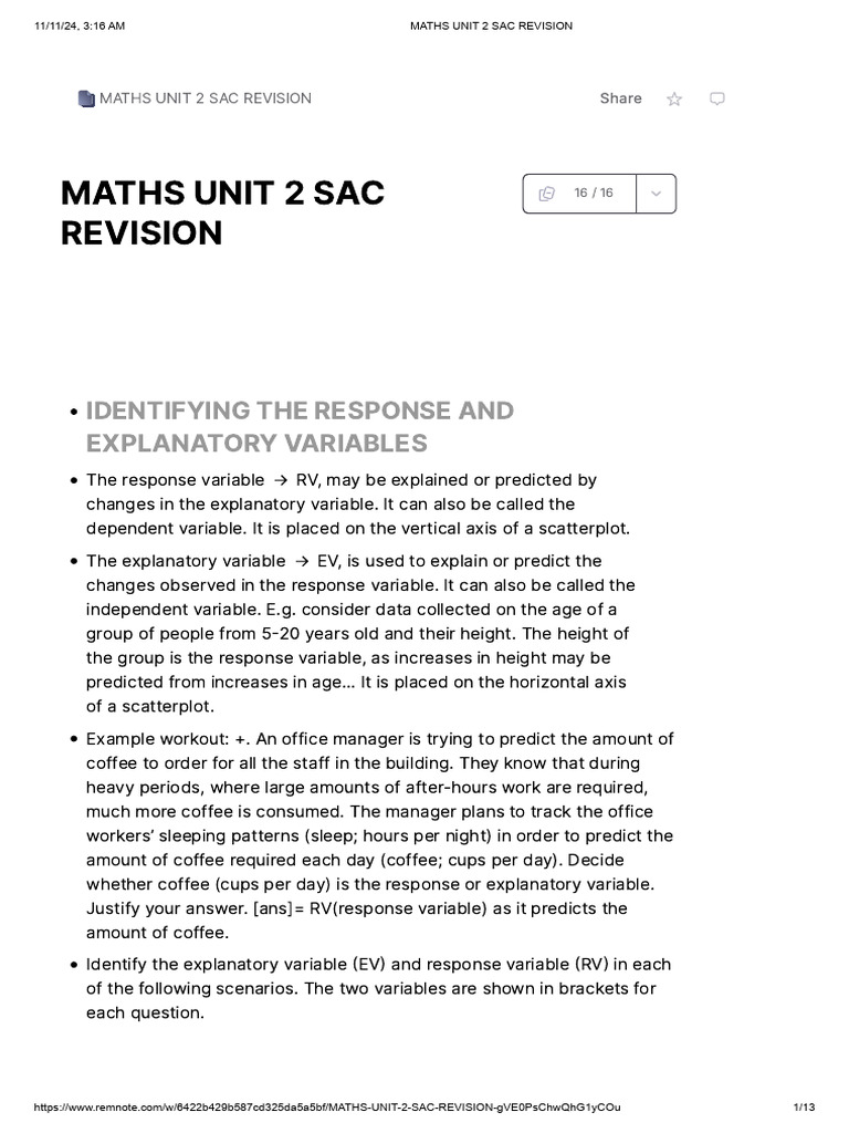 Maths Unit 2 Sac Revision | PDF | Scatter Plot | Linear Regression