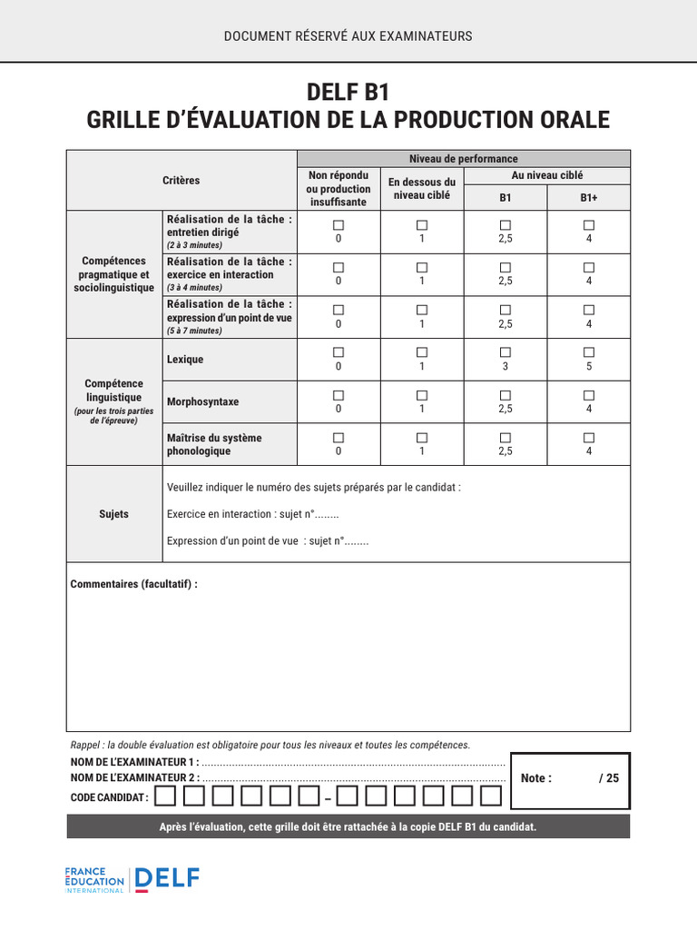Grille d'évaluation production orale DELF B1 | PDF | Linguistique ...