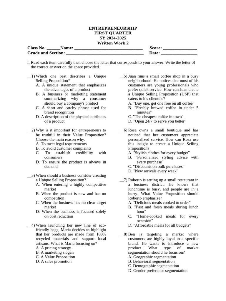 ENTREPRENEURSHIP Special Quiz | PDF | Market Segmentation | Swot Analysis