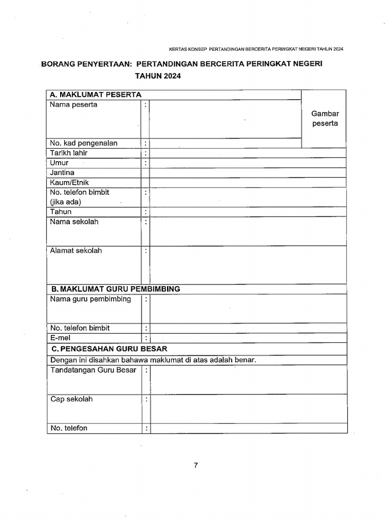 Borang Penyertaan Bercerita Peringkat Negeri Sarawak Tahun 2024 | PDF