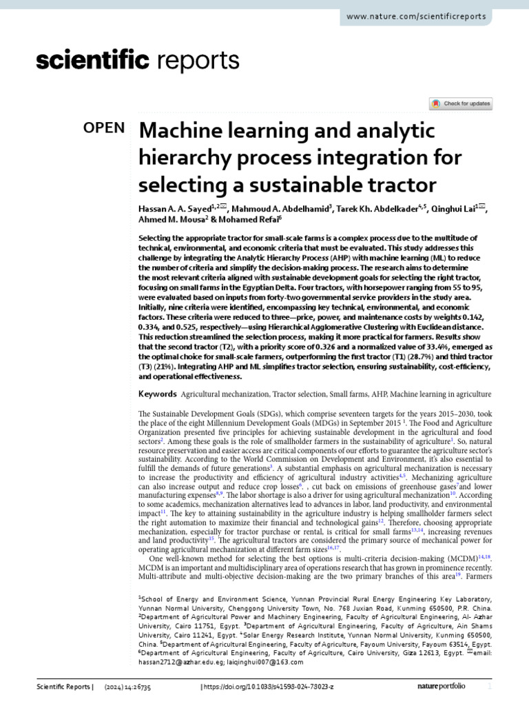 Machine Learning and Analytic Hierarchy Process Integration For Selecting A Sustainable Tractor ...