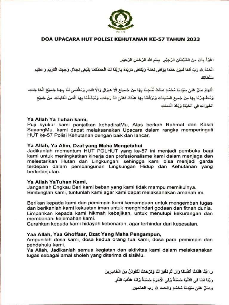 Doa HUT Polhut | PDF