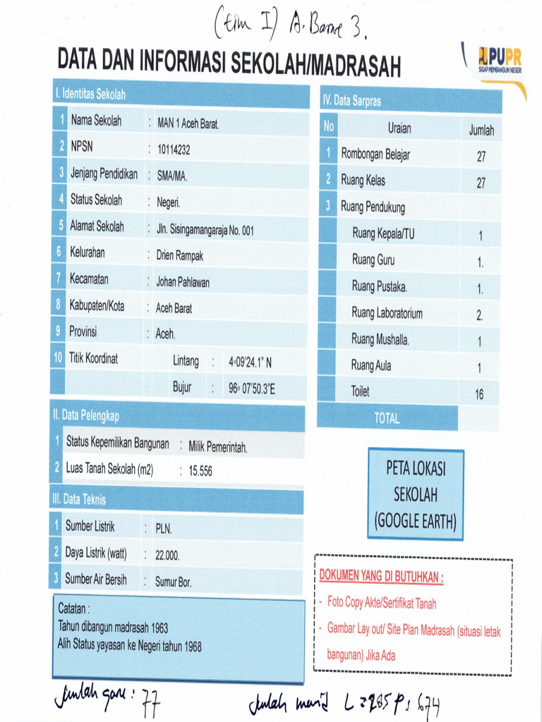 Contoh Pengisian Format Data Survei Identifikasi Kerusakan Sekolah & Madrasah | PDF