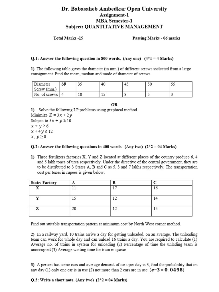MBA Quantitative Management Assignment | PDF