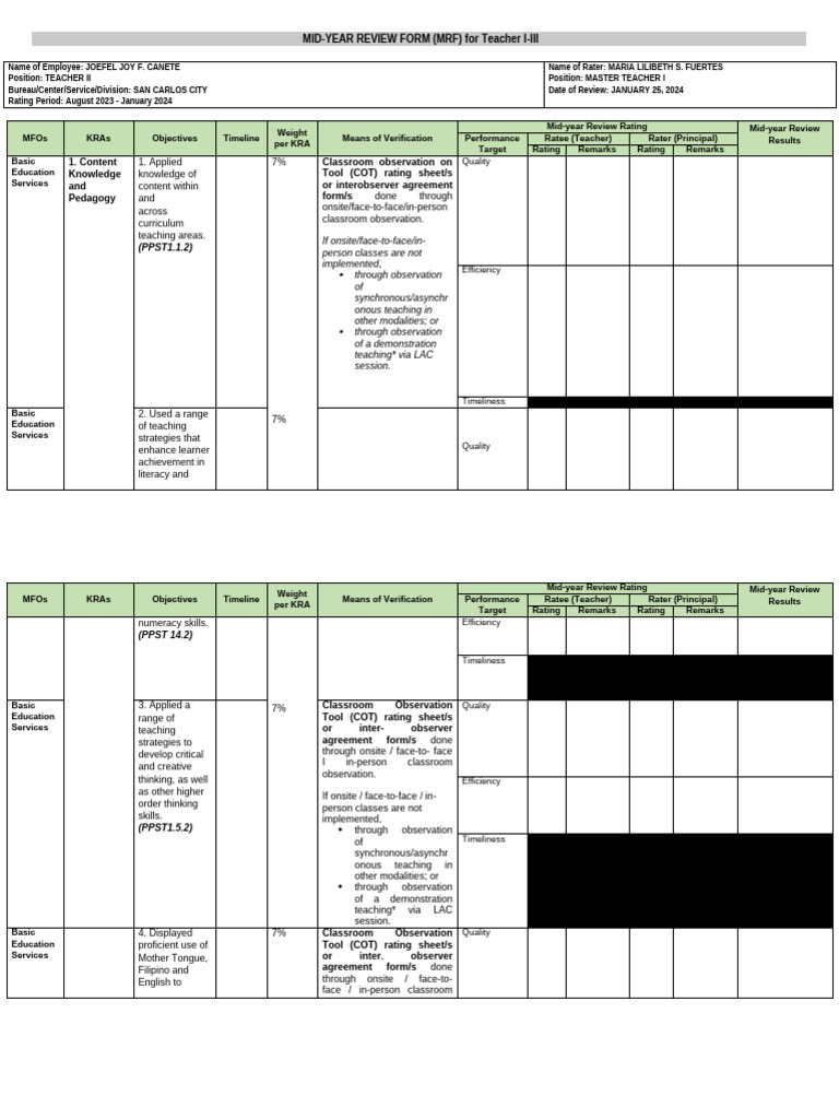 Mid Year Review Form - Ti Iii | PDF | Teachers | Learning