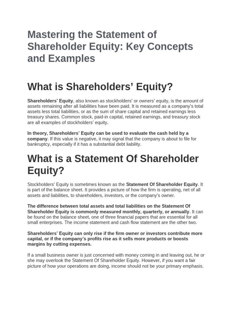 Understanding Shareholder Equity Basics | PDF | Equity (Finance ...