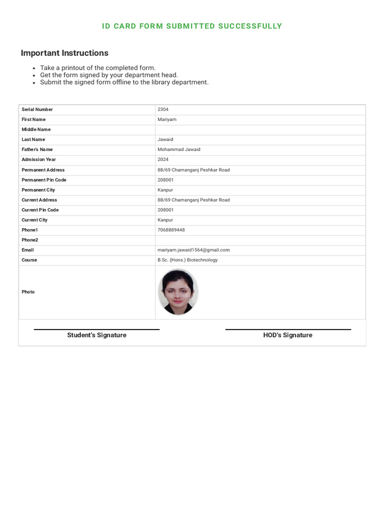 Mariyam ID Card Form Submitted Successfully | PDF