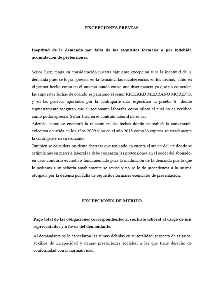 Excepciones Previas y de Mérito | PDF