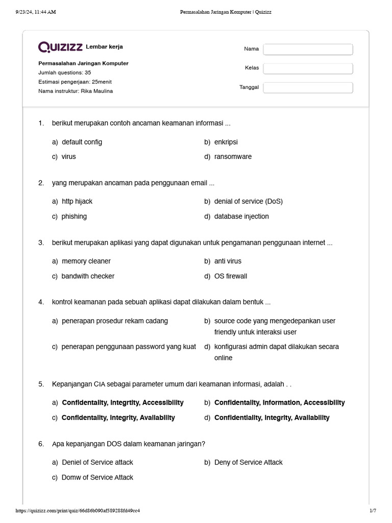 Permasalahan Jaringan Komputer - Quizizz | PDF