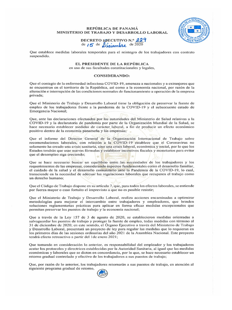 Decreto Ejecutivo 229 Reintegro de Trabajadores Suspendidos | PDF