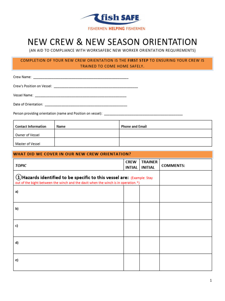 Fish Safe NEW CREW Orientation Form | PDF | Personal Protective ...
