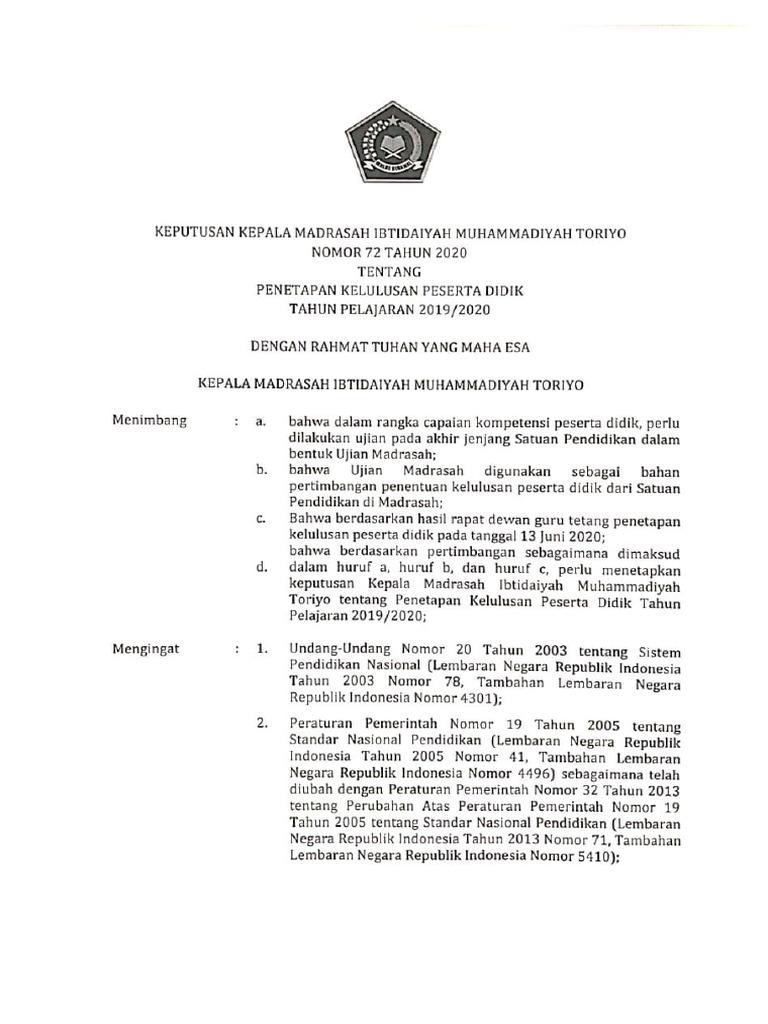 SK Kelulusan MIM Toriyo 2019-2020 | PDF