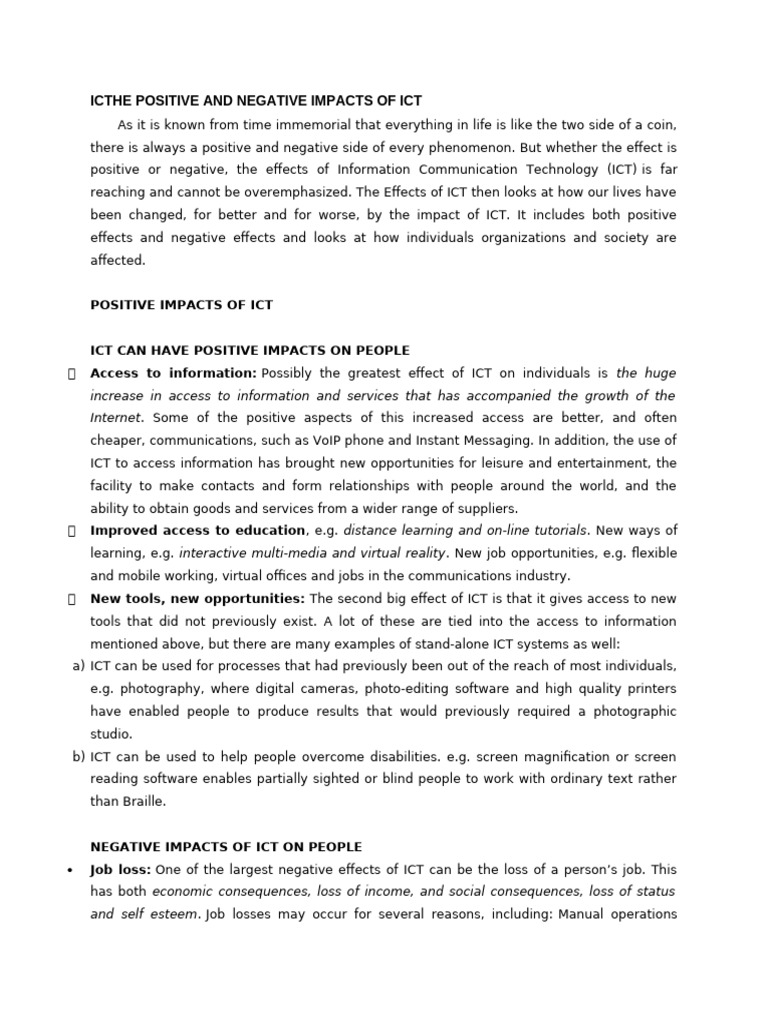Impacts of ICT: Pros and Cons Explained | PDF | Educational Technology ...