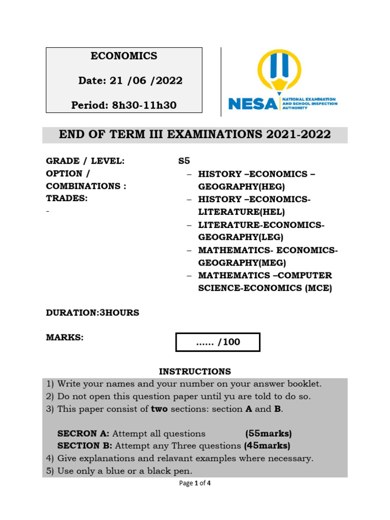 S5 Economics End Term Exam 2022 | PDF | Cost Of Living | Taxes