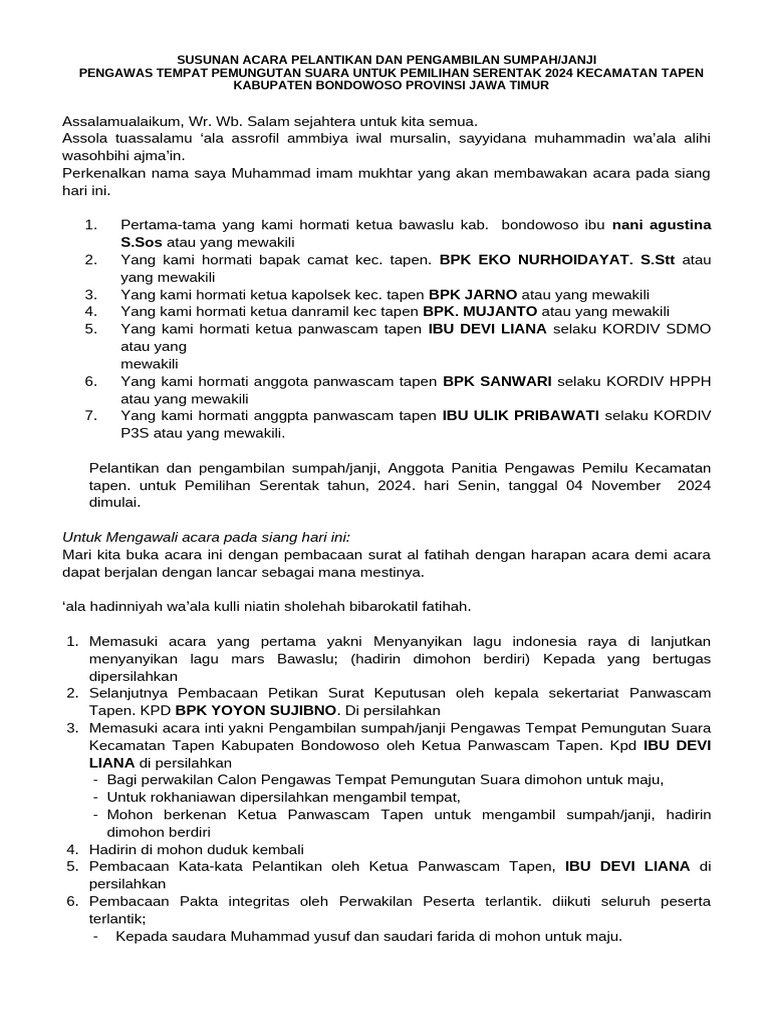 Teks MC Pelantikan PTPS Pilkada 2024 | PDF