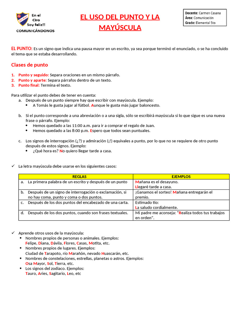 Uso del Punto y la Mayúscula | PDF | Coma | Puntuación