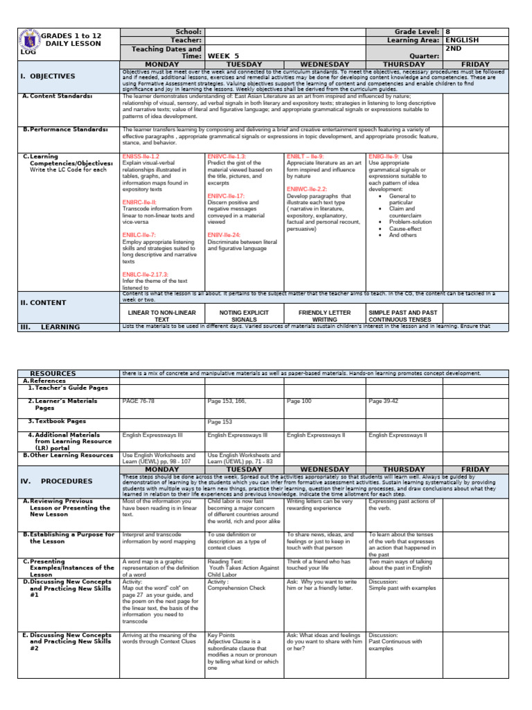 DLL ENG8 2NDQ 5th Week Edited | PDF | Learning | Clause