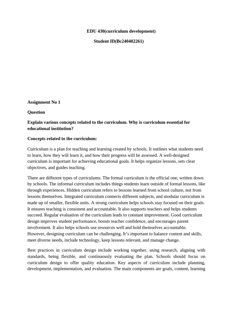 EDU402 Curriculum Development | PDF | Curriculum | Teachers