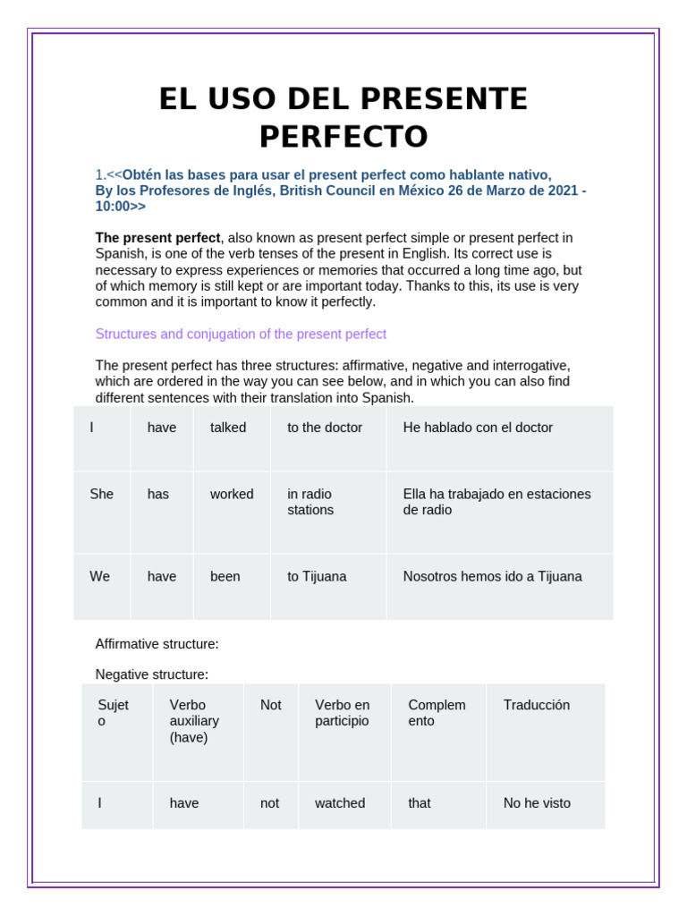 El Uso Del Presente Perfecto | PDF | Grammar | Linguistics