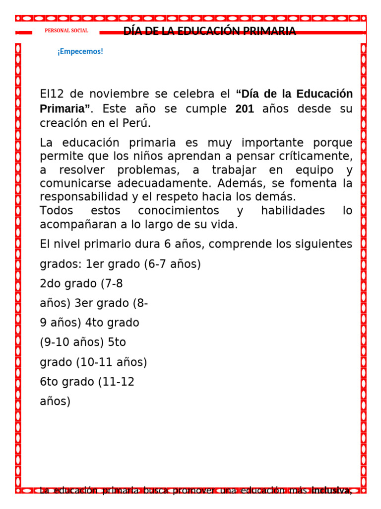D1 A2 Ficha Ps. Día de La Educación Primaria | PDF | Educación primaria | Aprendizaje