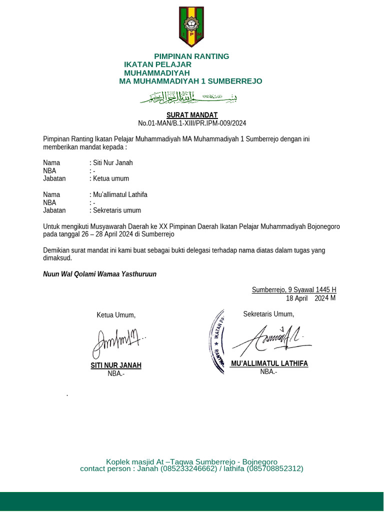 Surat Mandat IPM MA Muhammadiyah 1 | PDF