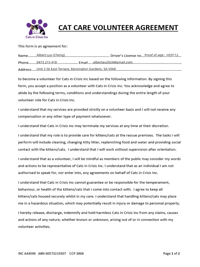 CiCInc Volunteer Agreement v1.0 | PDF | Common Law